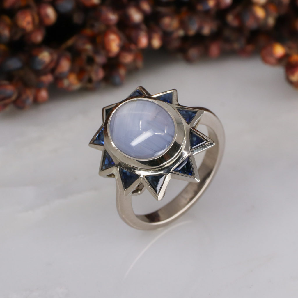 18ct white gold Star Sapphire Star-burst ring - Baroque Jewellery