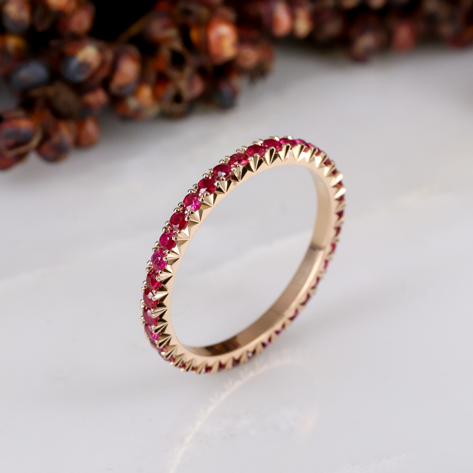 18ct rose gold French-cut Ruby Eternity Ring - Baroque Jewellery