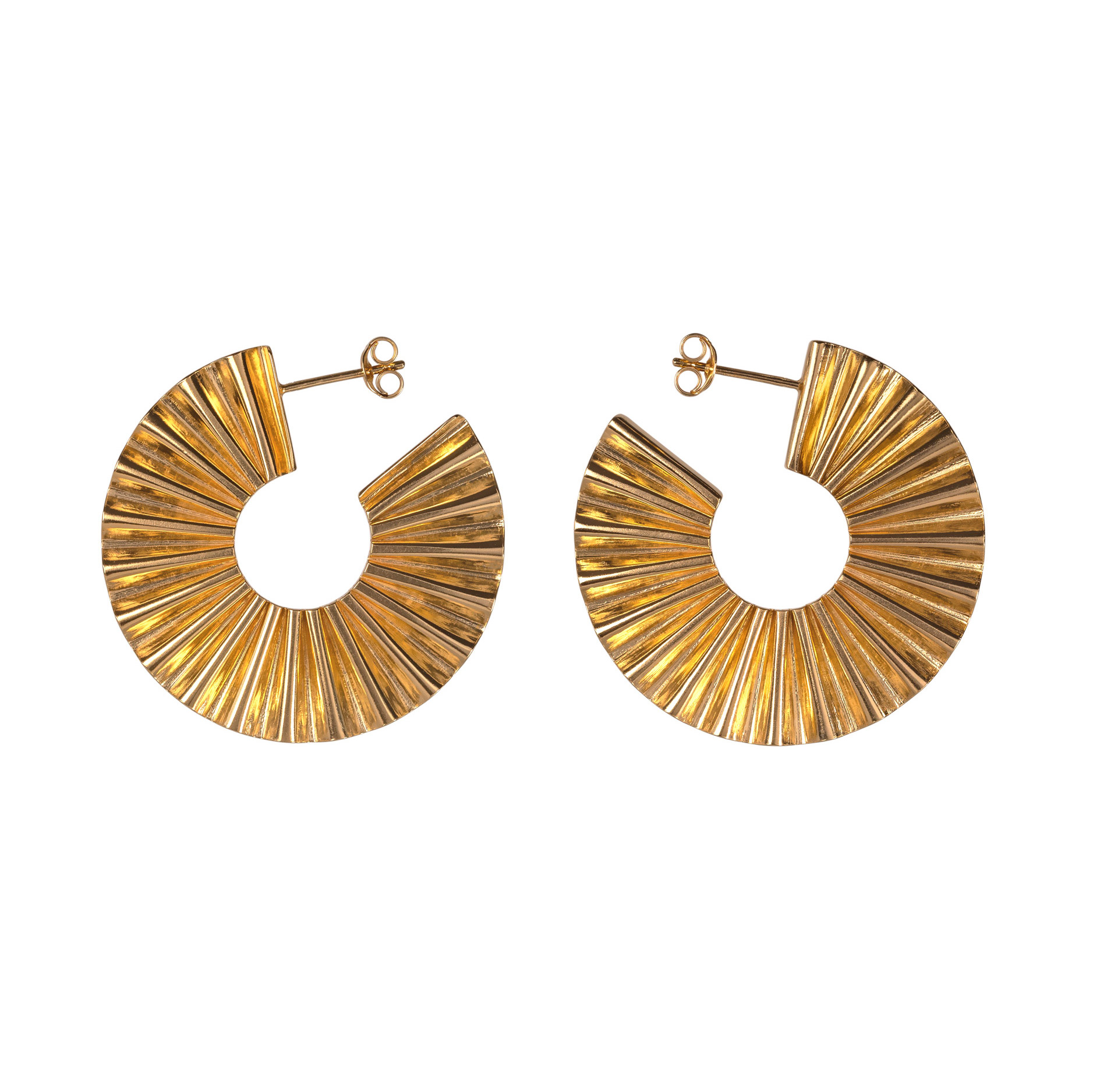 Gold plated large 'Pharaohs Sun Ray' hoop earrings - Baroque Jewellery