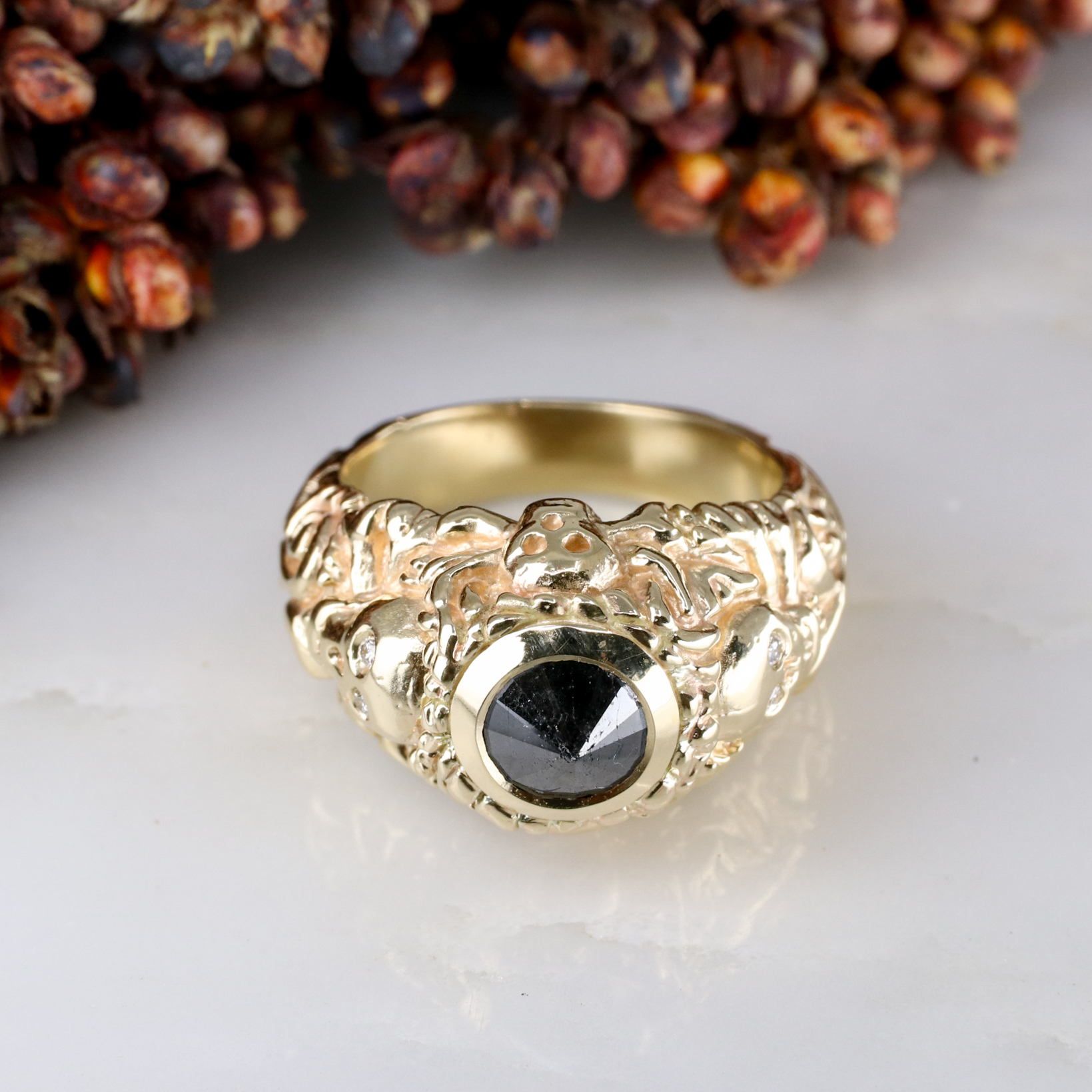 9ct yellow gold pirate ring with black diamond - Baroque Jewellery