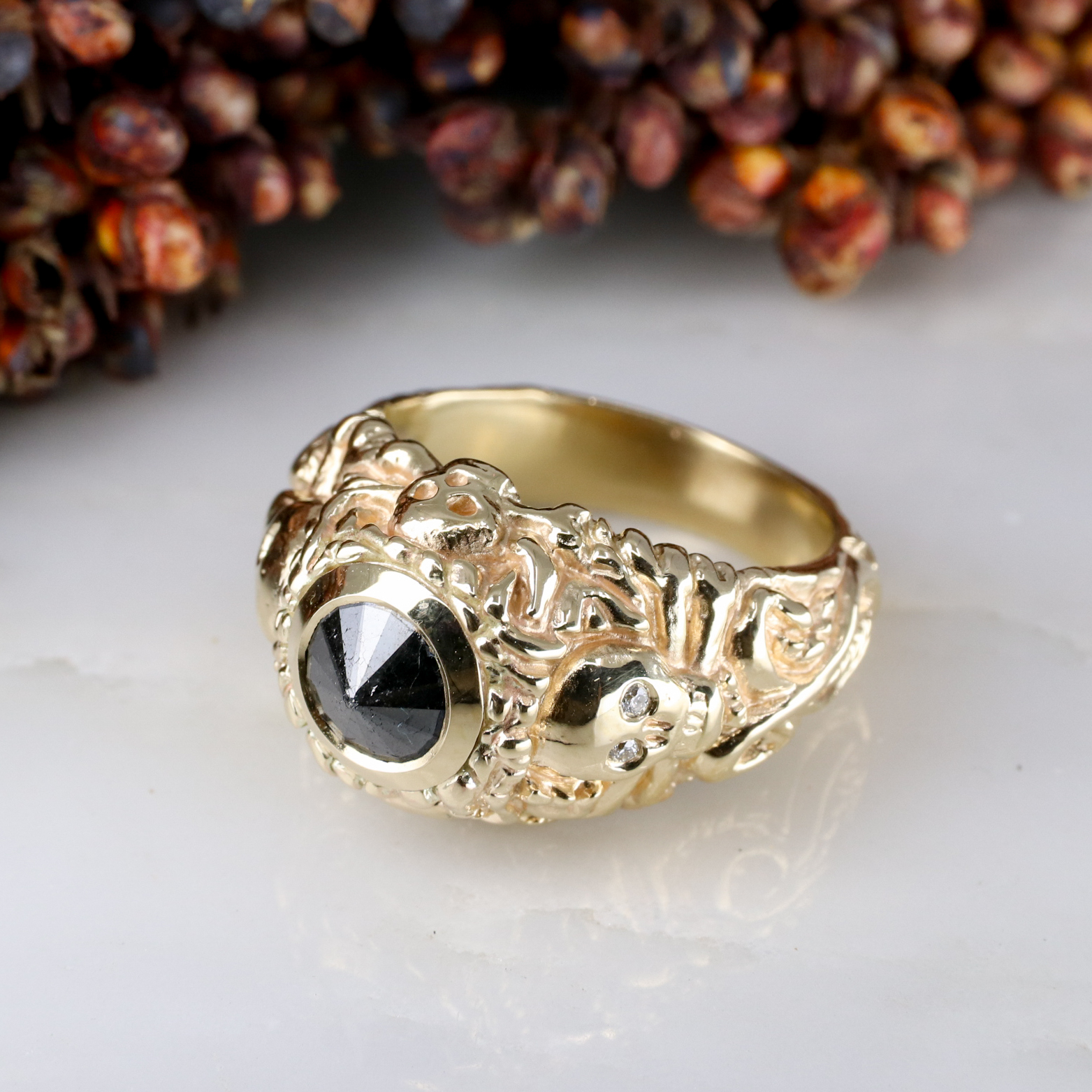 9ct yellow gold pirate ring with black diamond - Baroque Jewellery