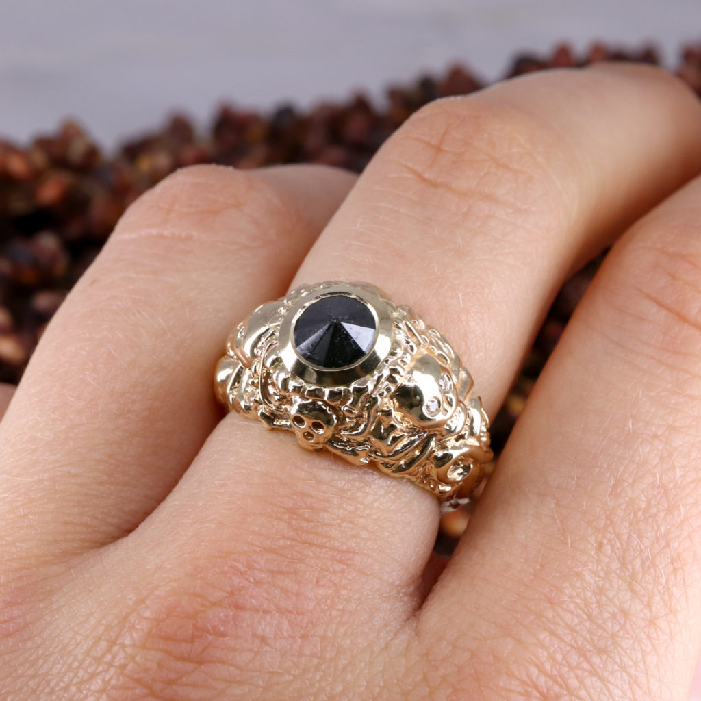 9ct yellow gold pirate ring with black diamond - Baroque Jewellery