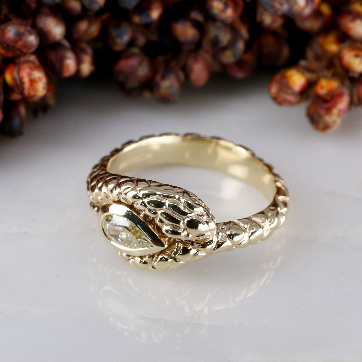 9ct yellow gold Coiled Snake engagement ring with champagne pear shaped ...