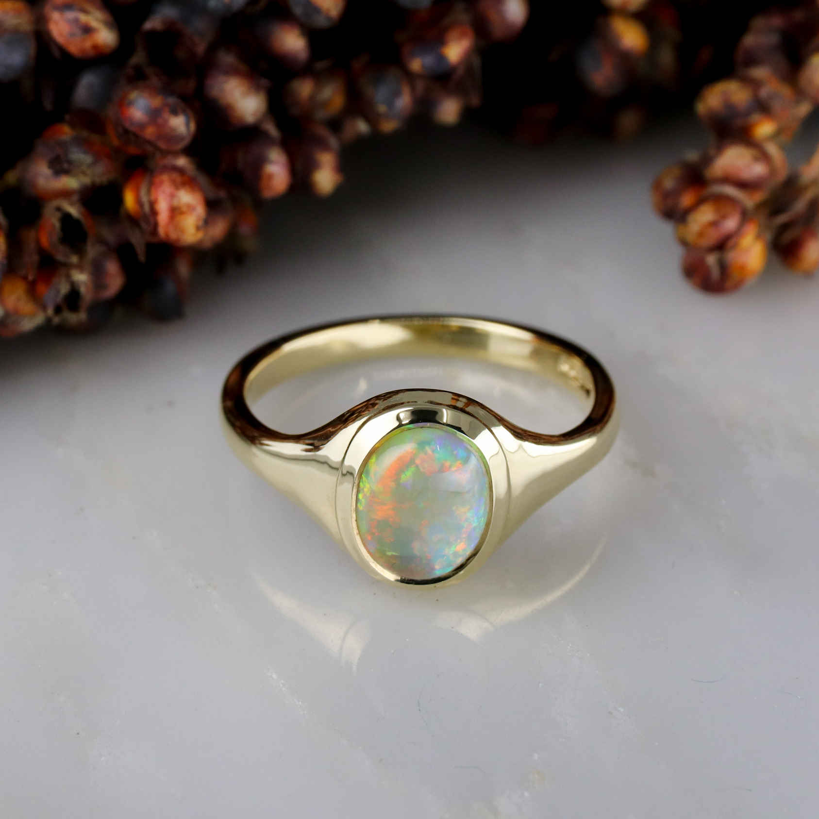 9ct yellow gold Opal set signet ring - Baroque Jewellery