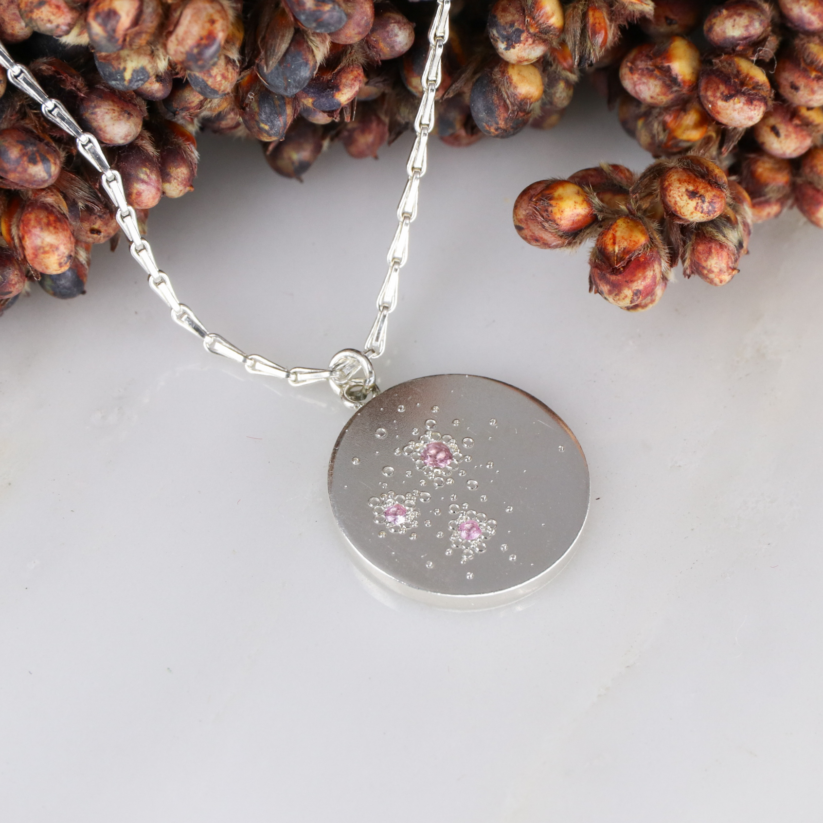 Silver Small Stardust pendant with Pink Sapphires - Baroque Jewellery