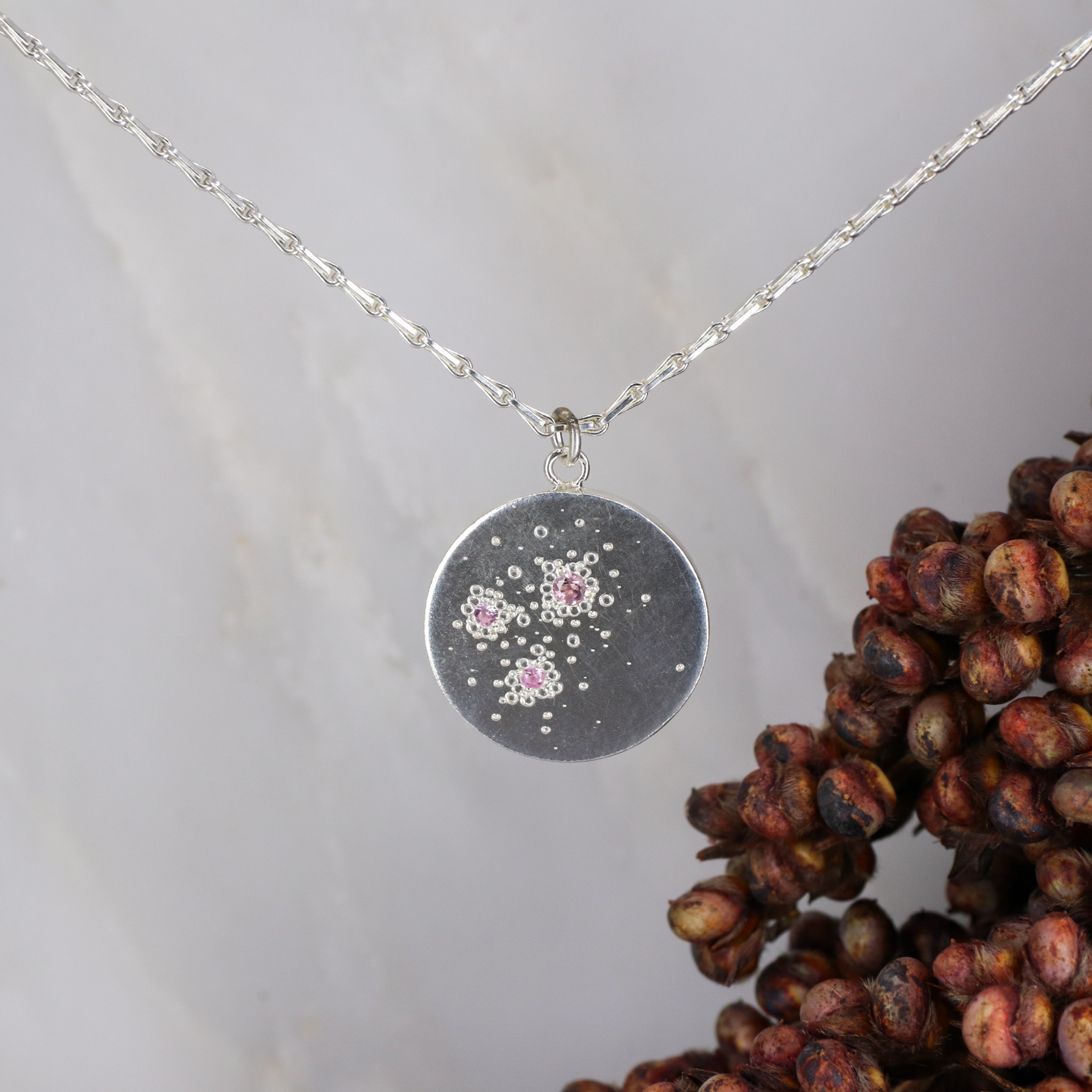 Silver Small Stardust pendant with Pink Sapphires - Baroque Jewellery