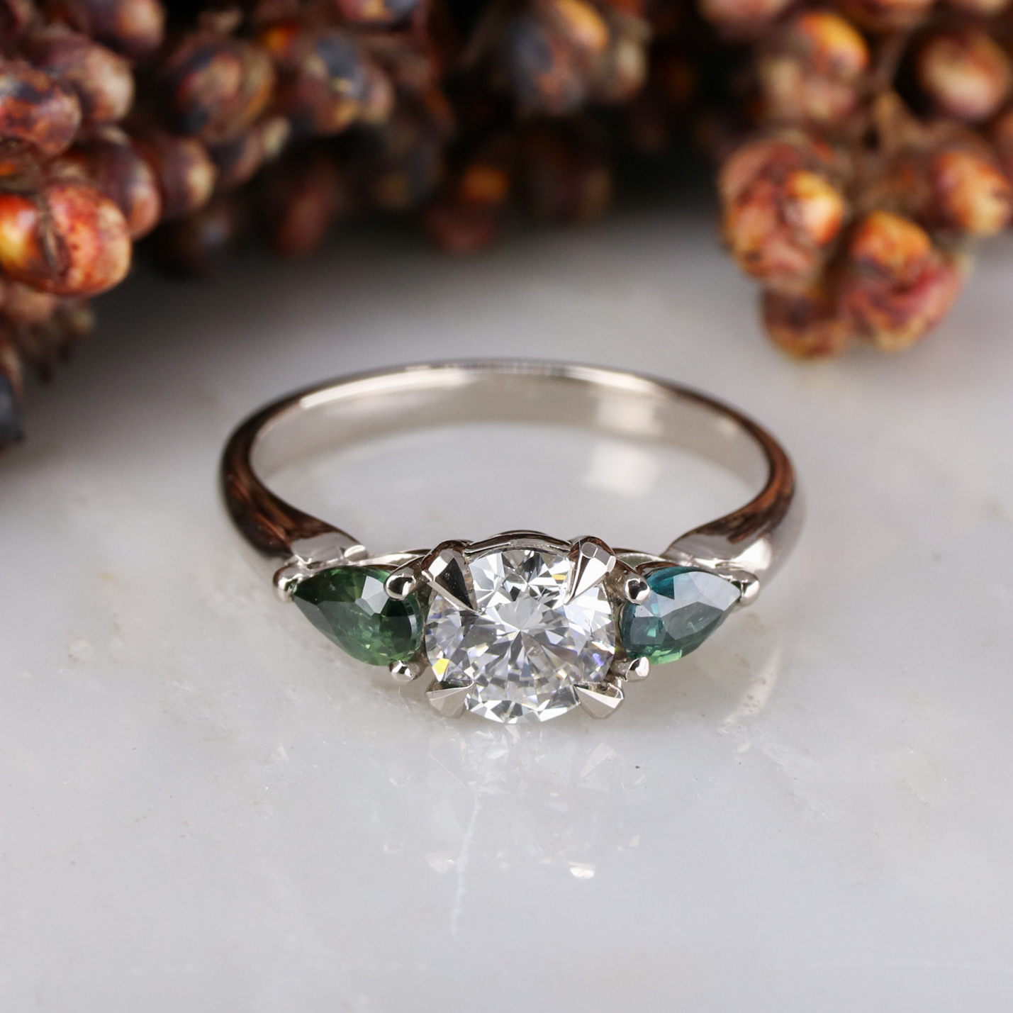 18ct white gold Coco Lab grown diamond and teal sapphire trilogy ring ...