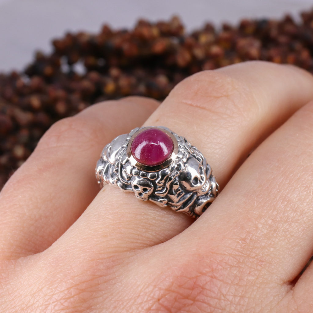 Silver pirate ring with 9ct rose gold rubover set ruby - Baroque Jewellery
